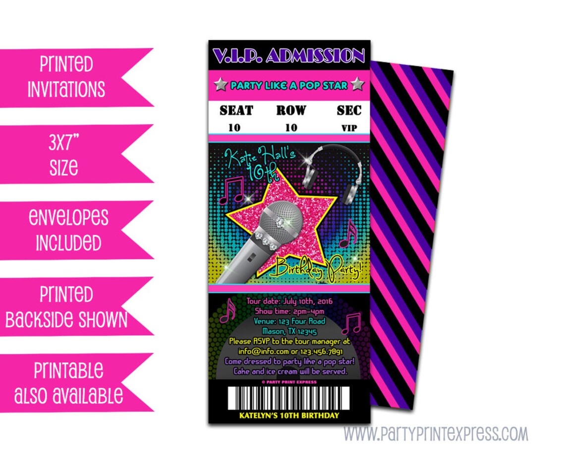 Girl Pop Star Birthday Invitations Neon Pop Star Admission - Etsy
