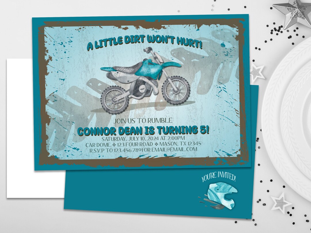Dirt Bike Birthday Invitations - Blue Kids Motorcycle Party Invites ...