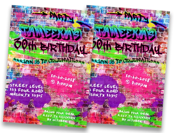 Girls Graffiti Wall Birthday Invitations - Punk Rave Hip Hop Rapper ...
