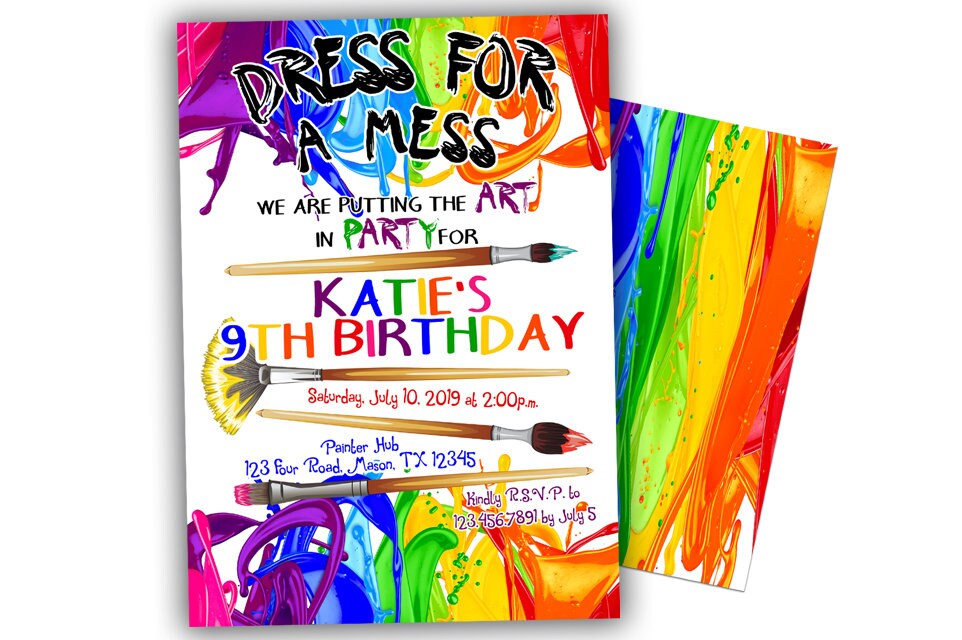 Rainbow Painting Birthday Invitations - Messy Painting Party Invites ...