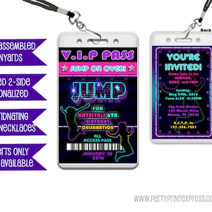 Jump VIP Pass Lanyard Party Favors Purple Girl Jump Invitations Neon ...