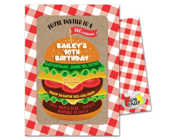 BBQ Hamburger Invitations - Cheeseburger Birthday Invitation - Cookout ...