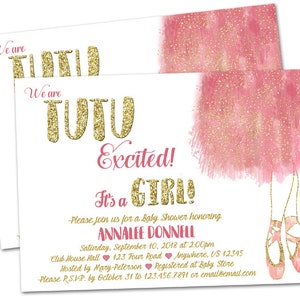 Tutu Excited Baby Shower Invitations - Pink Tutu Baby Shower - Gold ...