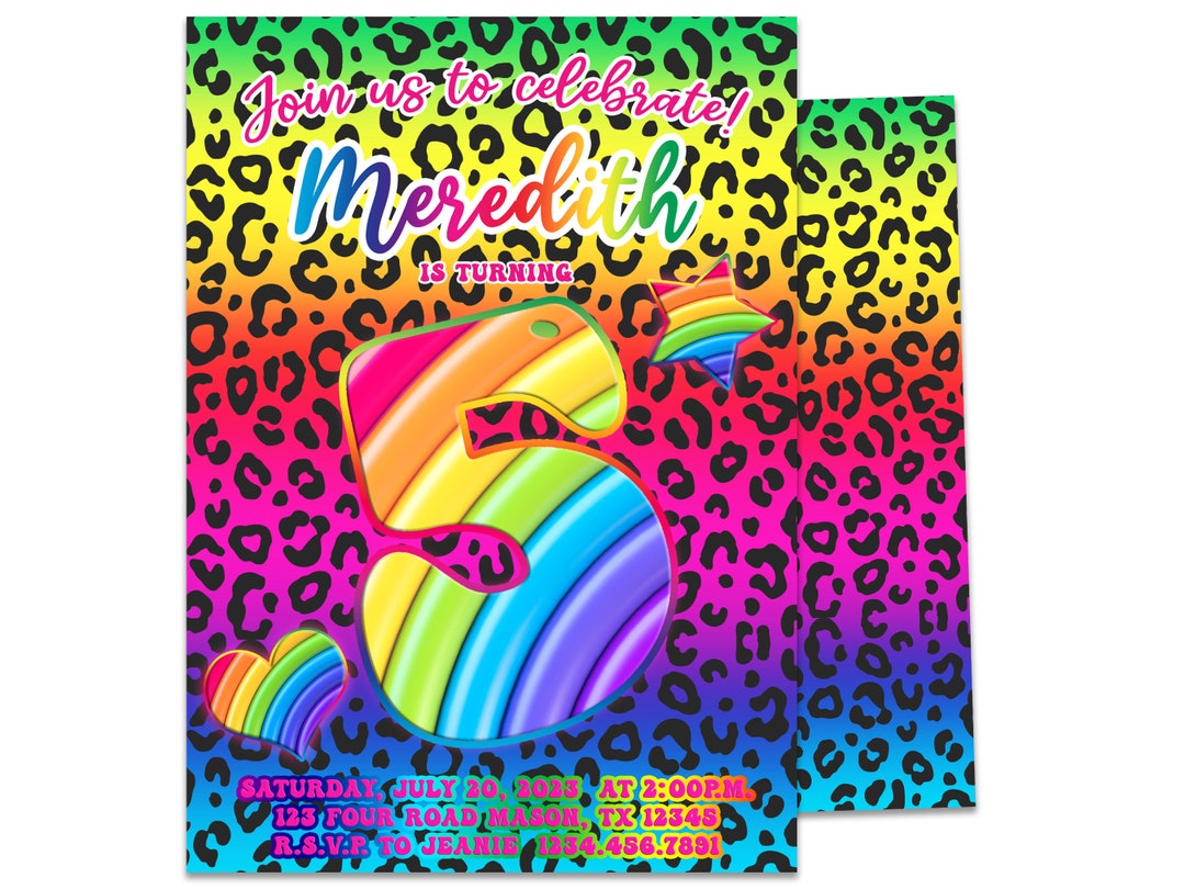 Rainbow Cheetah Birthday Invitations - Animals Neon Rainbows Girls ...
