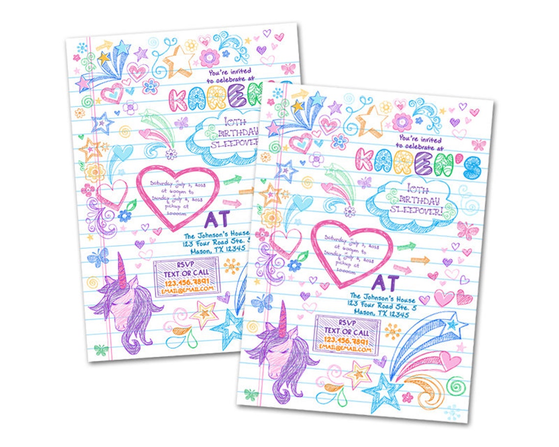 Notebook Doodle Invitation Sleepover Invitations Notebook - Etsy
