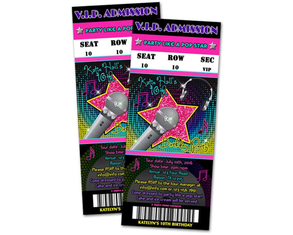 Girl Pop Star Birthday Invitations Neon Pop Star Admission - Etsy