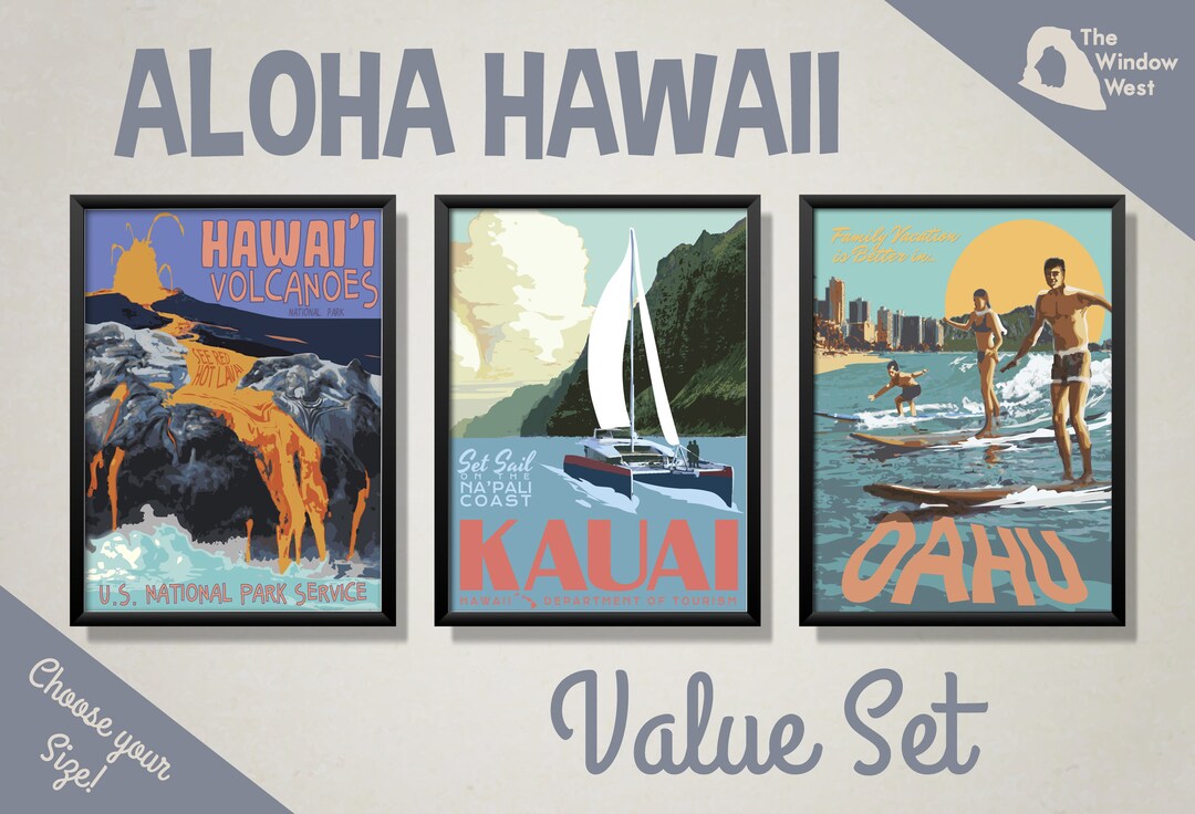 Hawaii Vintage Style Travel Poster Set, Hawaii Volcanoes National Park ...