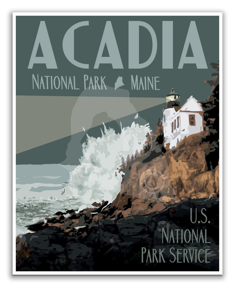Acadia National Park Travel Poster, Acadia Lighthouse Poster, Vintage ...