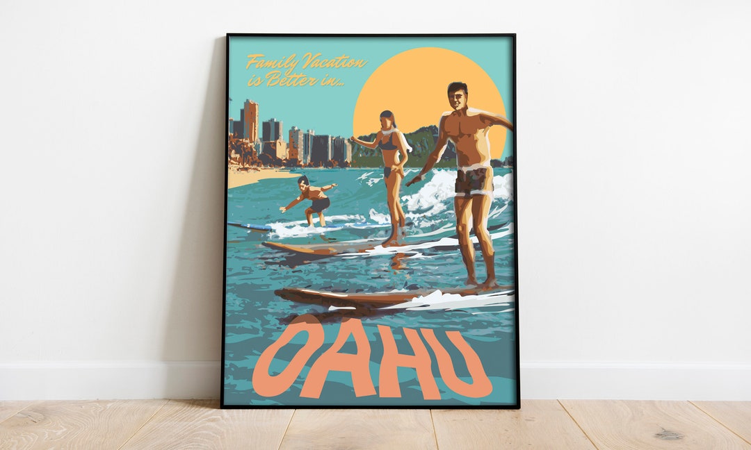 Oahu Hawaii Vintage Style Travel Poster, Oahu Hawaii Surfing Print - Etsy