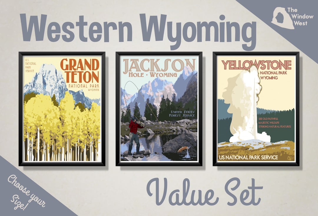Wyoming Vintage Style Travel Poster Set, Grand Teton National Park ...