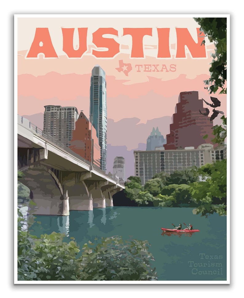 Austin Texas Travel Poster Austin Texas Vintage Style Print - Etsy