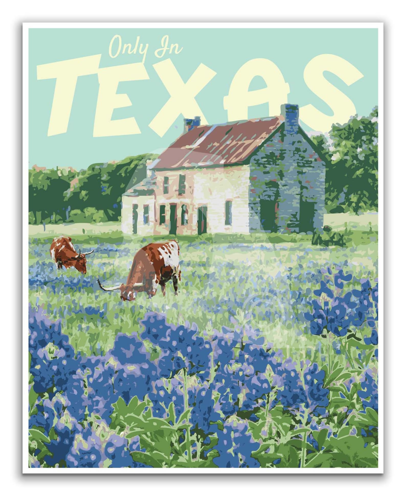 Texas Vintage Style Travel Poster Texas Bluebonnet Print - Etsy