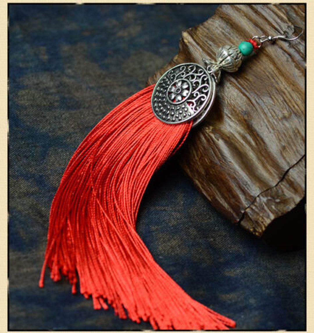 Einzelne rote Quaste & versilbert Hohl Runde Form Ohrringe - Etsy.de