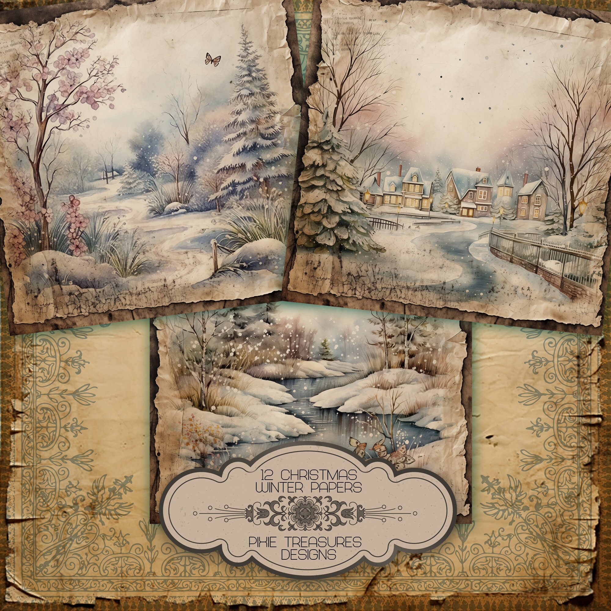 12 Christmas Winter Scene Papers, Xmas Pages, Papercraft Pastels ...
