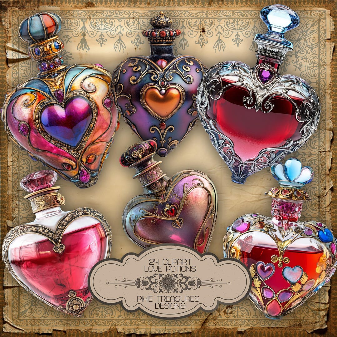 24 Love Potions Clipart in Ornate Heart Potion Bottles With Stoppers - Etsy