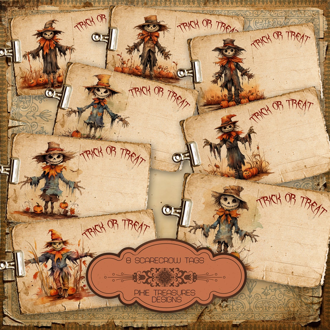8 Tags Halloween Scarecrow Printable Tags, Halloween Tags, Scarecrow ...