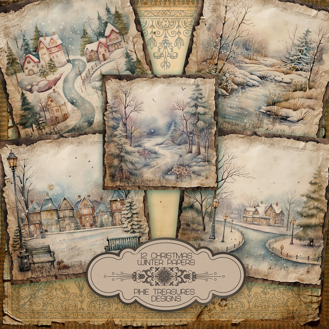 12 Christmas Winter Scene Papers, Xmas Pages, Papercraft Pastels ...
