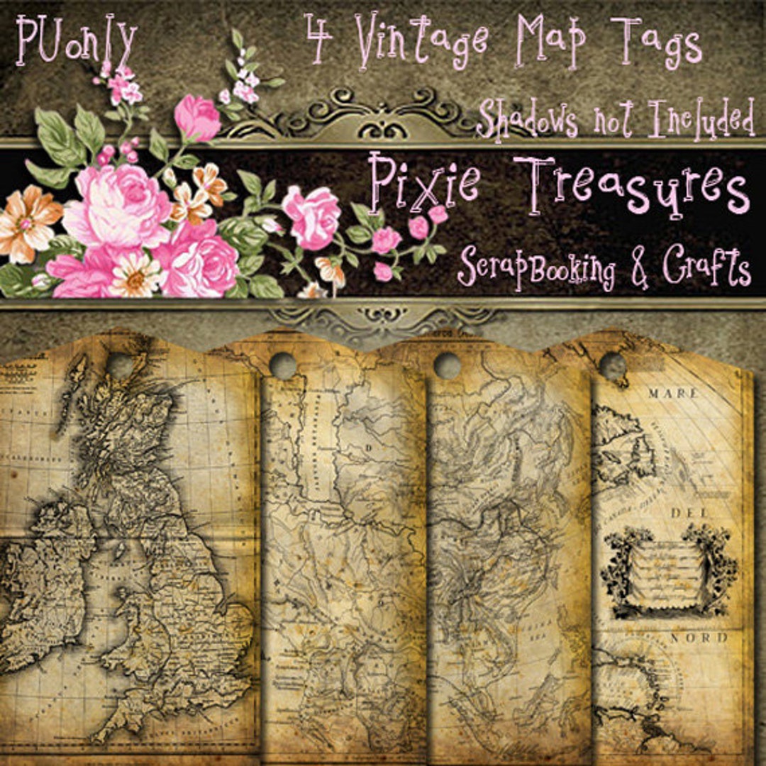 4 Printable Vintage Map Tags Set 1 - Etsy
