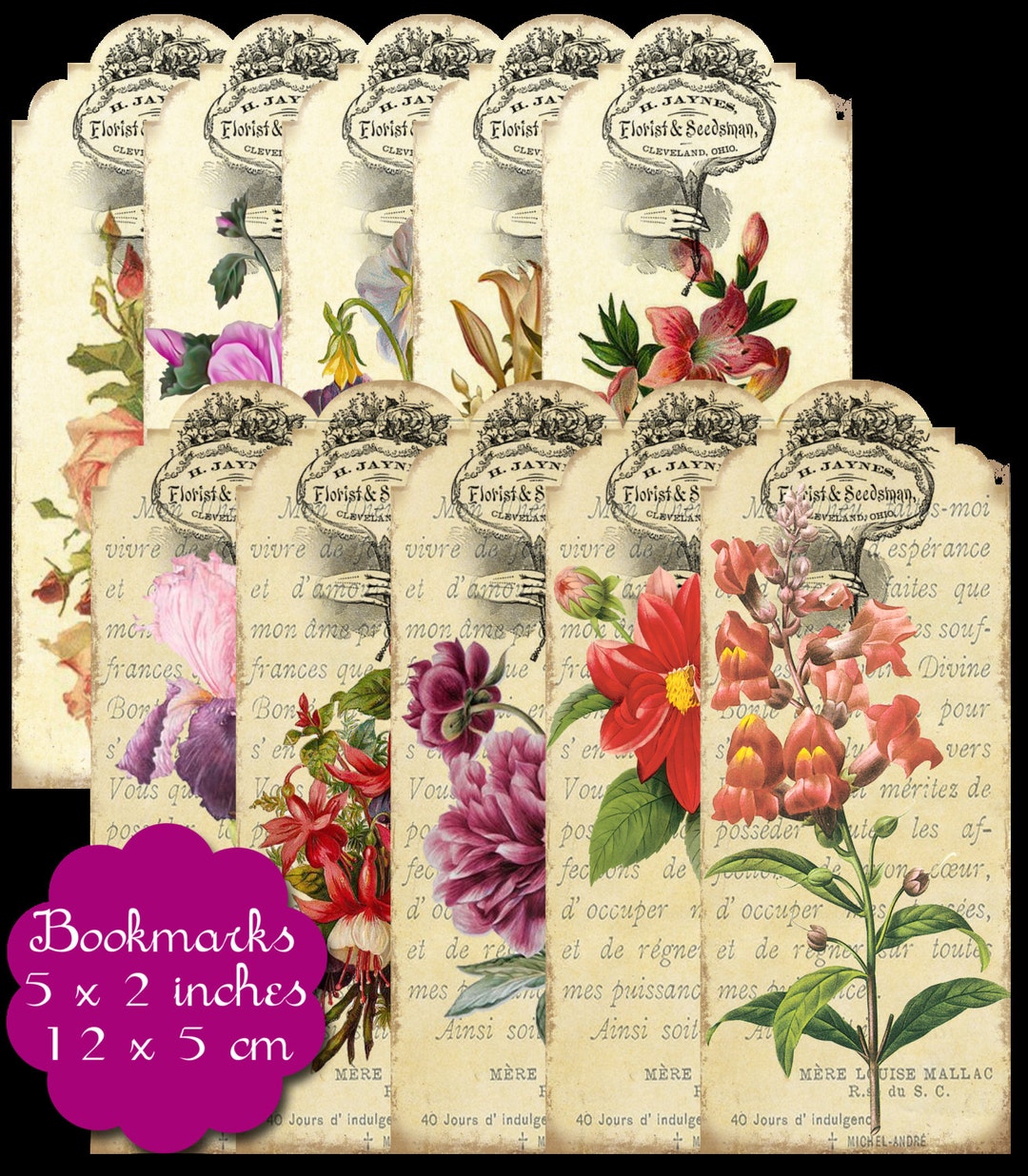 10 Printable Vintage Floral Bookmarks - Etsy