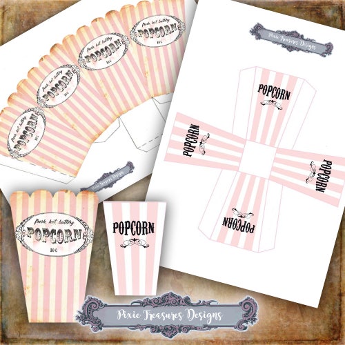2 Printable Pink Circus Popcorn Box Templates | Etsy