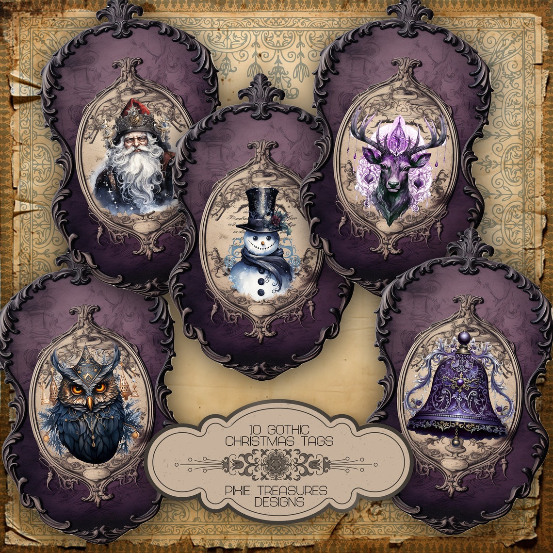 10 Gothic Christmas Tags, Ornaments, Pastel Labels (digital Download ...
