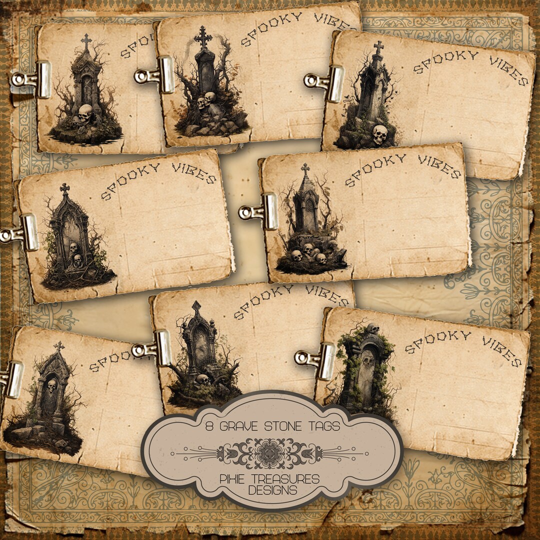 8 Tags Halloween Gravestone Printable Tags, Halloween Tags, Gravestone ...