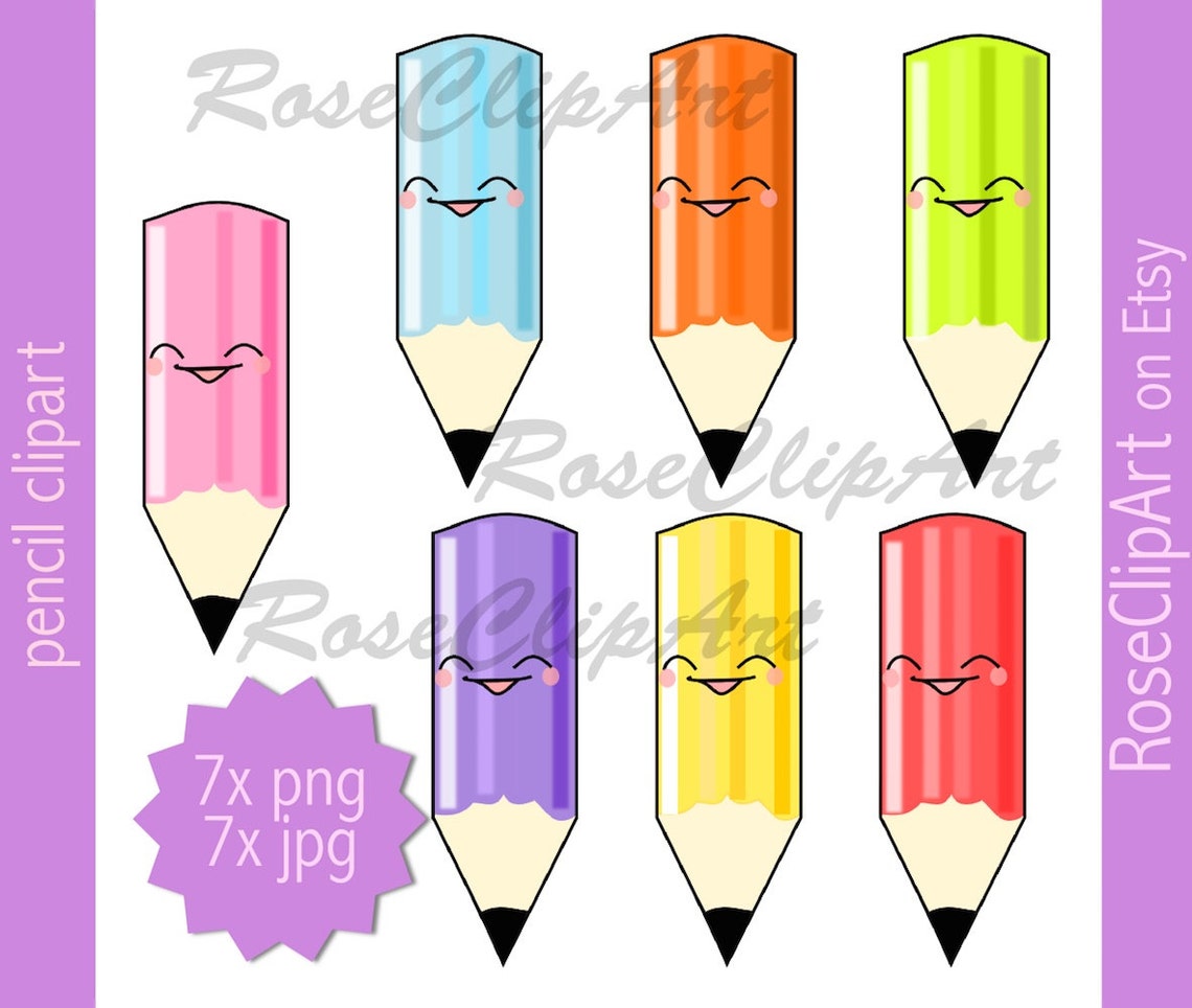 Digital Pencil Clipart Kawaii Instant Download 7x Writing Clipart ...