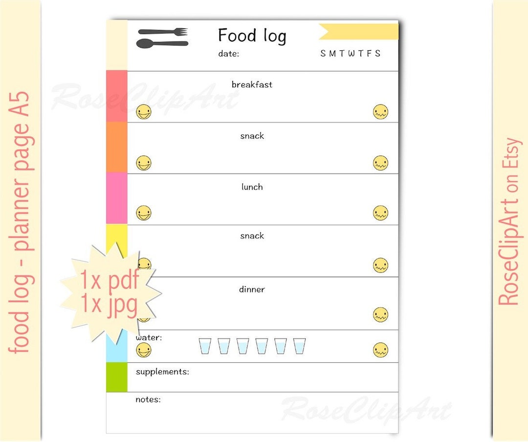 Food Log A5 Instant Download Printable Food Tracker Planner Page ...