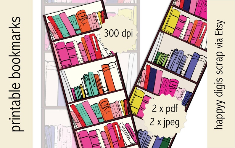 Printable Bookshelf Bookmark Instant Download Bookshelf Doodle 2 ...