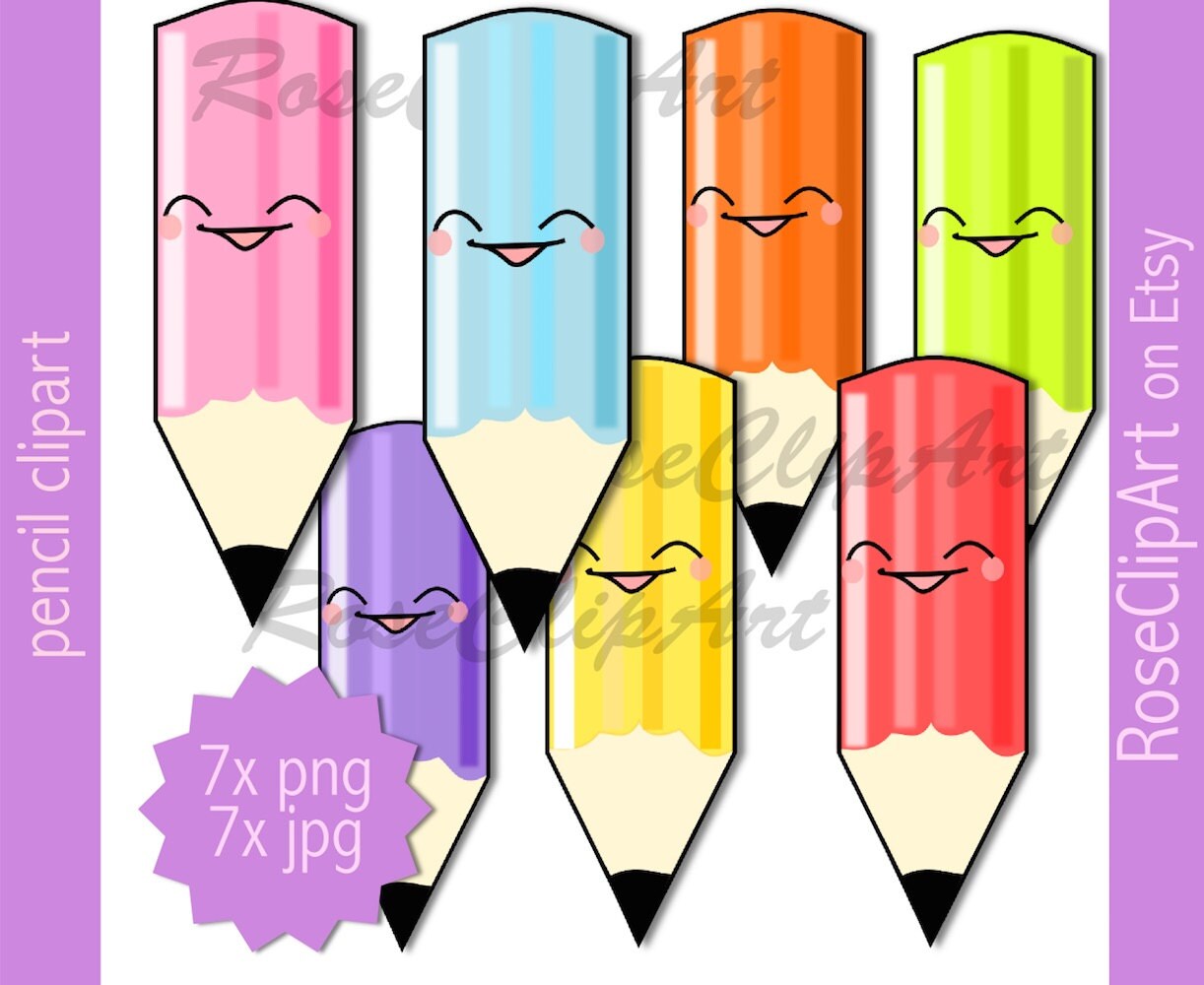 Digital Pencil Clipart Kawaii - Instant Download - 7x Writing Clipart ...