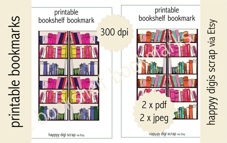 Printable Bookshelf Bookmark Instant Download Bookshelf Doodle 2 ...