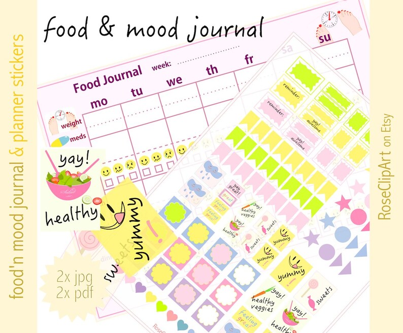 Printable food and mood journal menu diary and page markers | Etsy