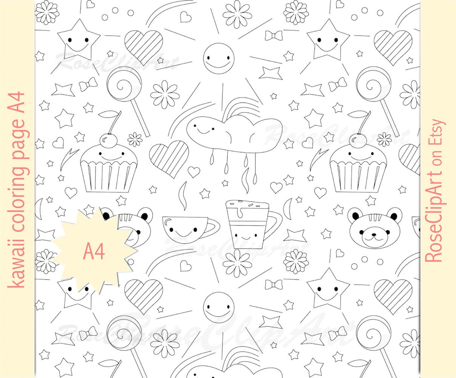 Kawaii Coloring Page A4 Instant Download Printable Relaxing Gift Idea ...