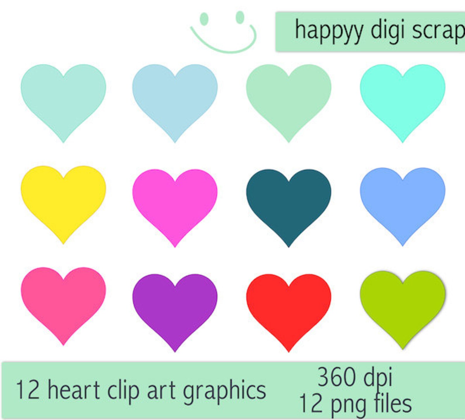 12 Digital HEART Clipart Png Files Instant Download Commercial Use ...