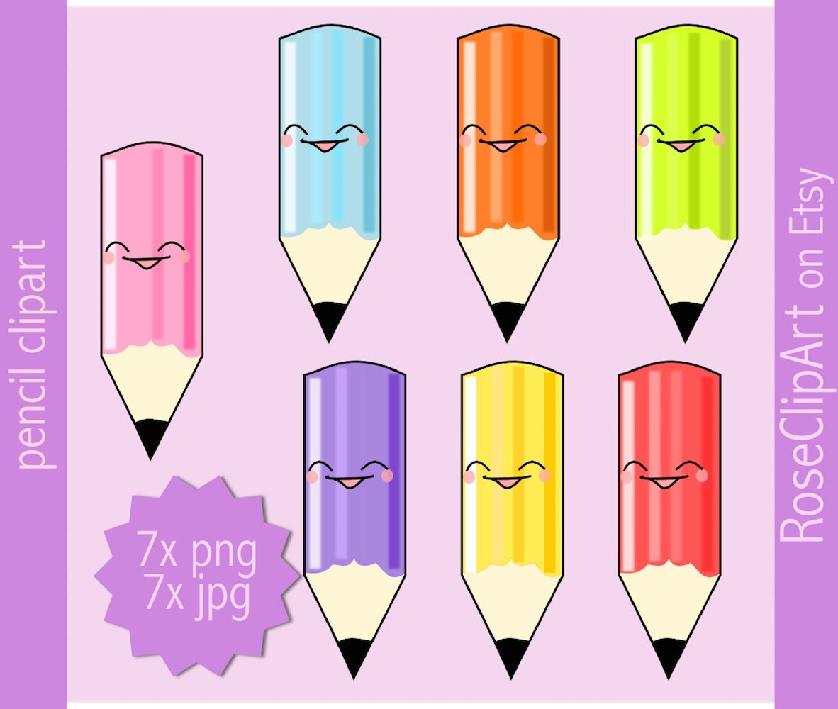 Digital Pencil Clipart Kawaii - Instant Download - 7x Writing Clipart ...