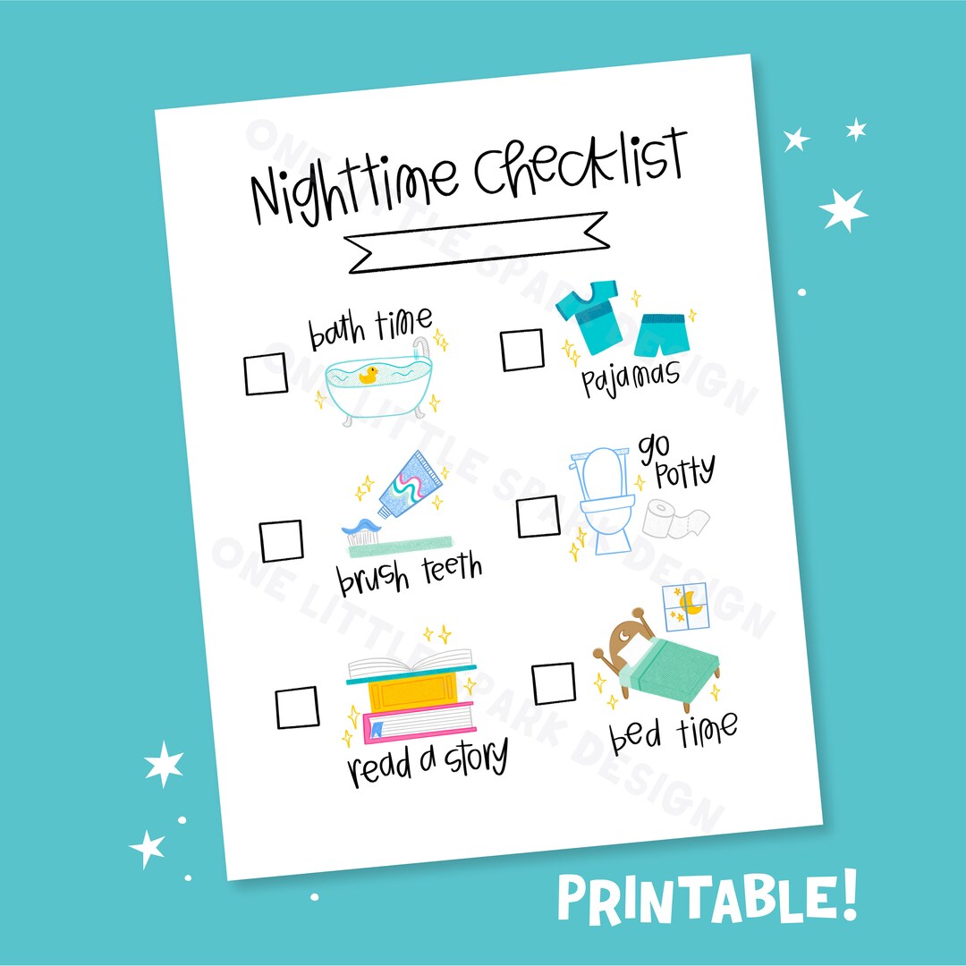 Kids Nighttime Checklist, Kids Chore Chart Printable, Routine Chart ...