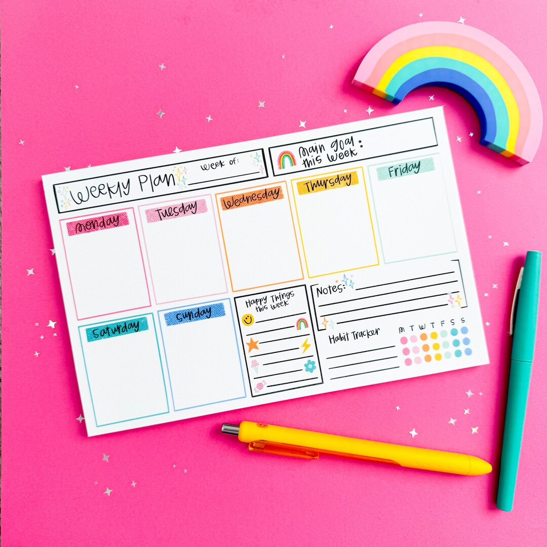 Weekly Planner Notepad // Colorful Happy Schedule // Week Schedule ...