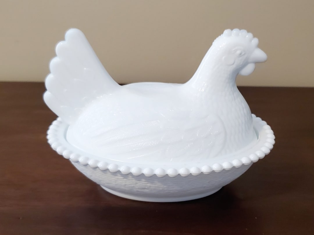 Vintage Indiana Milk Glass Hen on Nest With Beaded Edge, Farmhouse ...