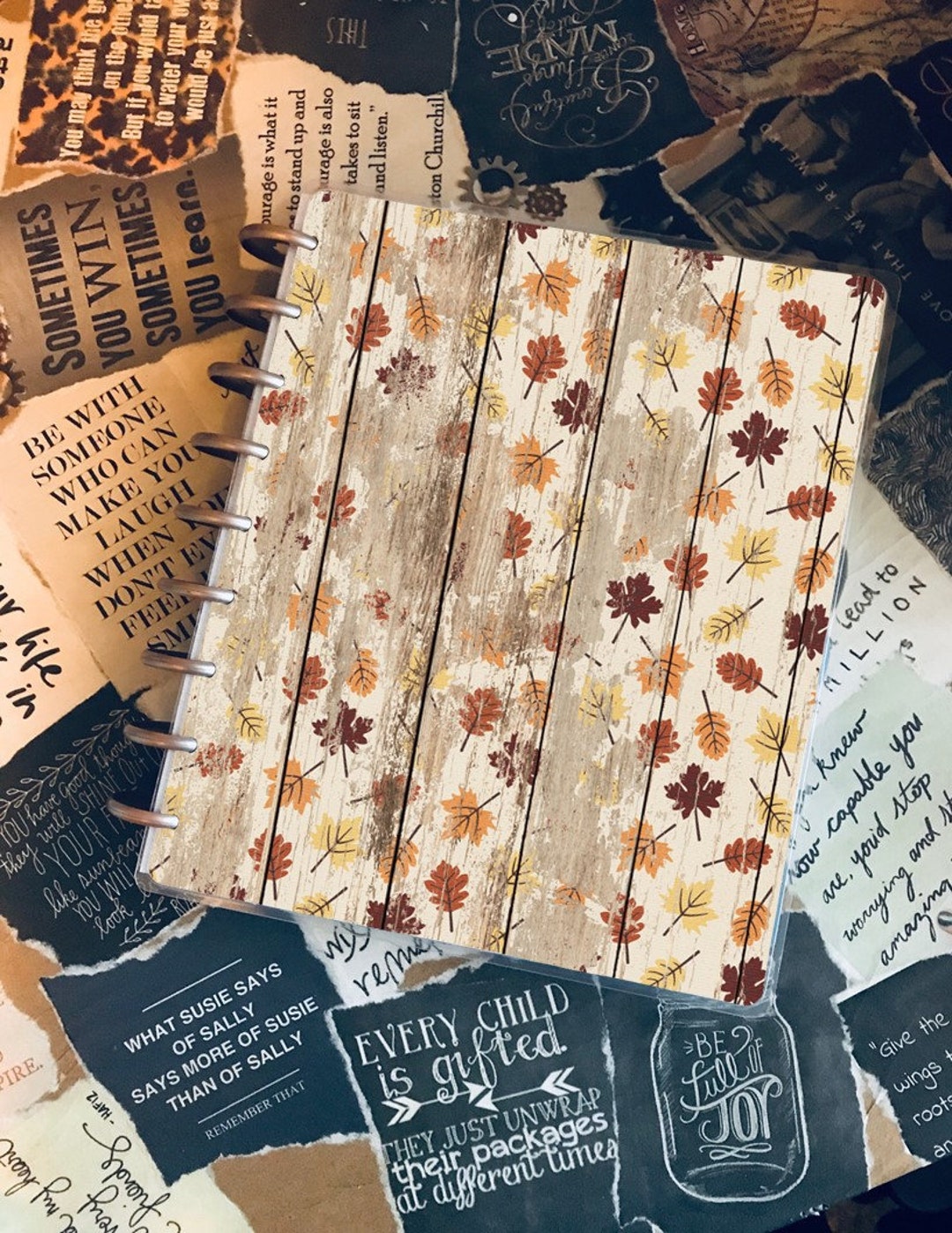 Autumn Disc Bound Cover | Notebook Cover | Autumn Leaves on Wood ...