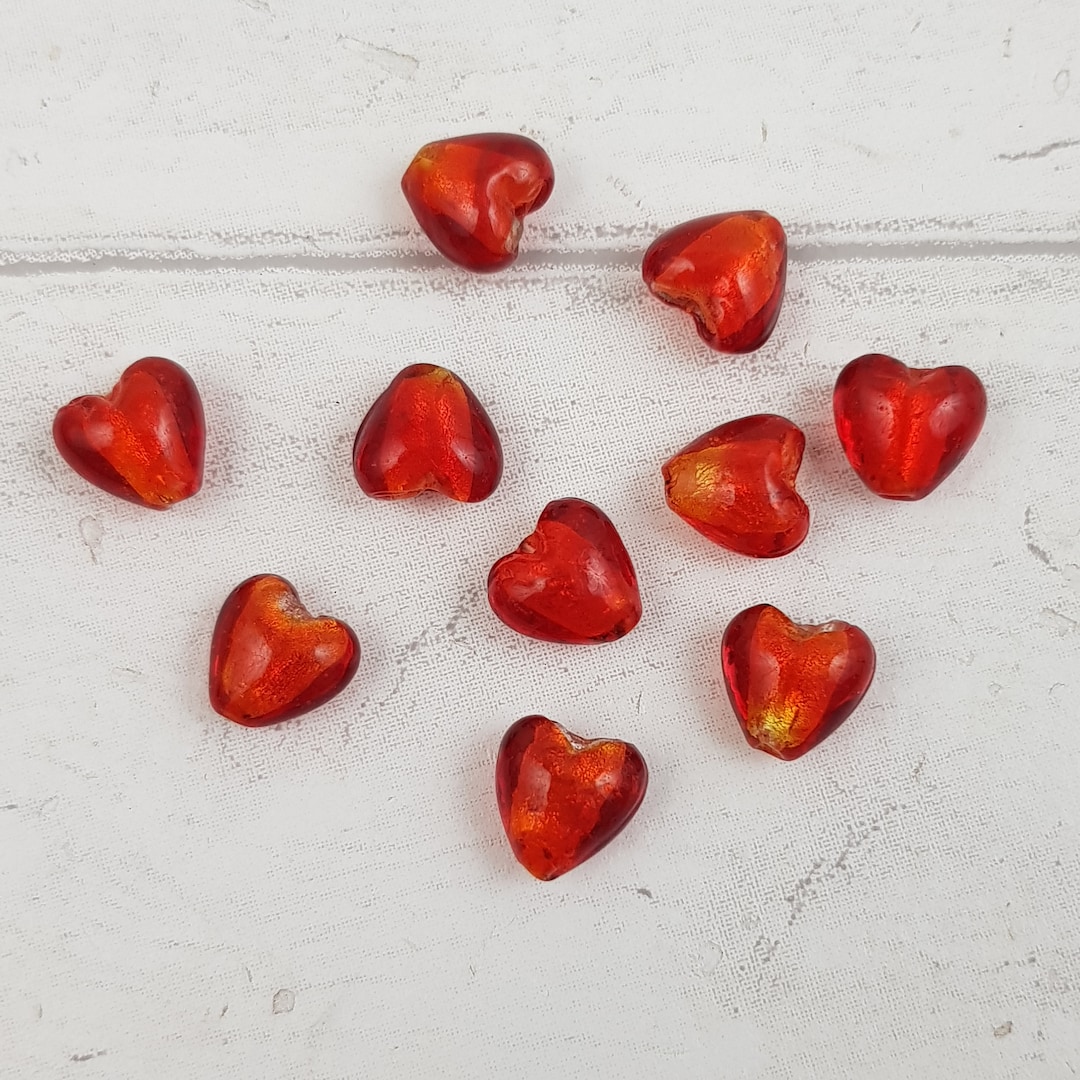 10 Murano Glass Heart, Foil Glass Beads Heart, Glass Hearts, Venetian ...