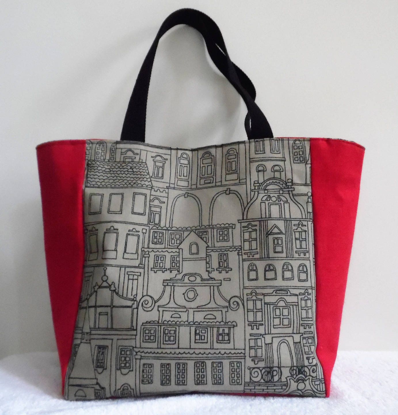 Taupe and Red Linen Bag walk in Town - Etsy