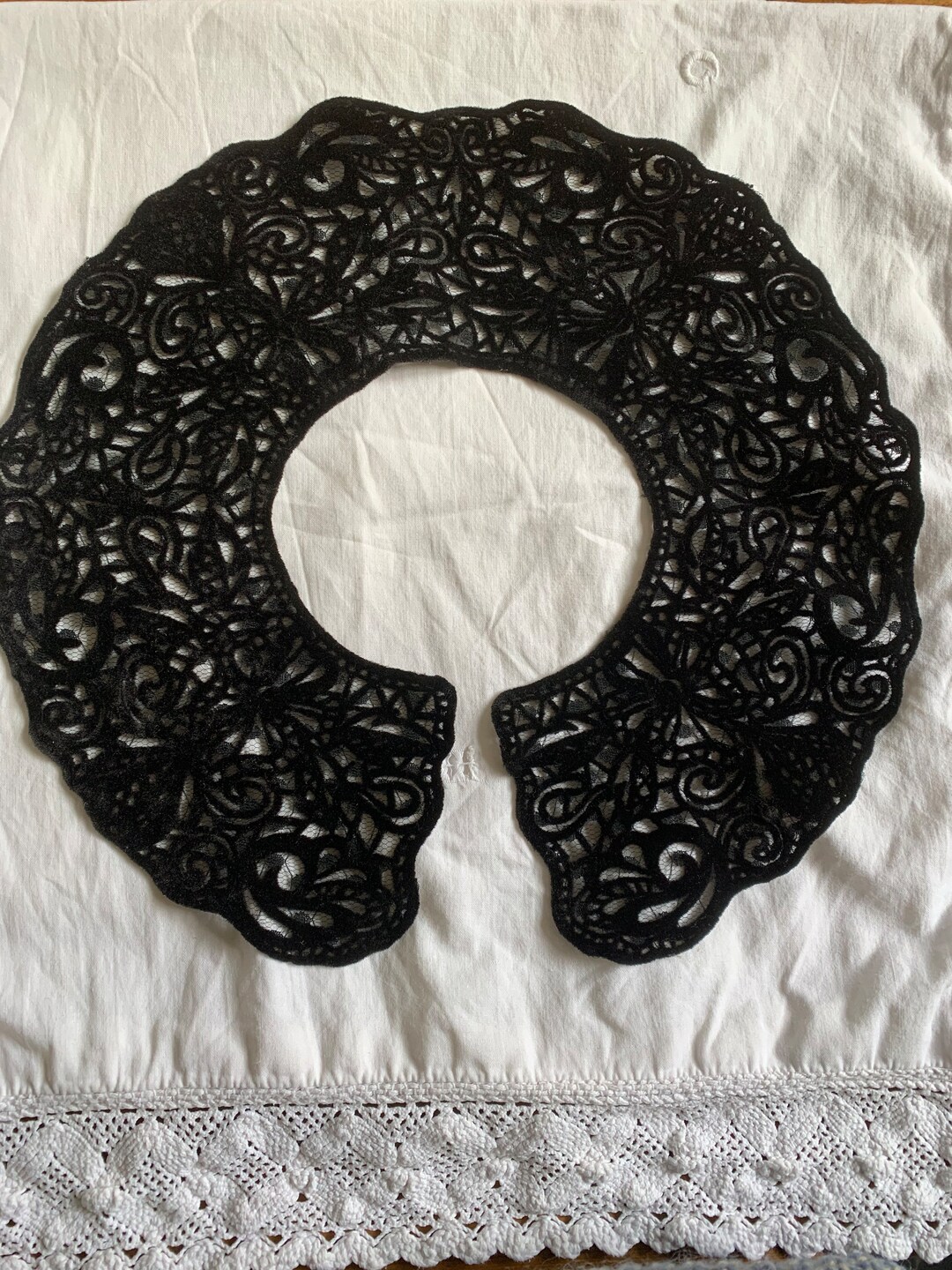 Vintage French Black Velvet , Flock and Lace Collar, Costume ...