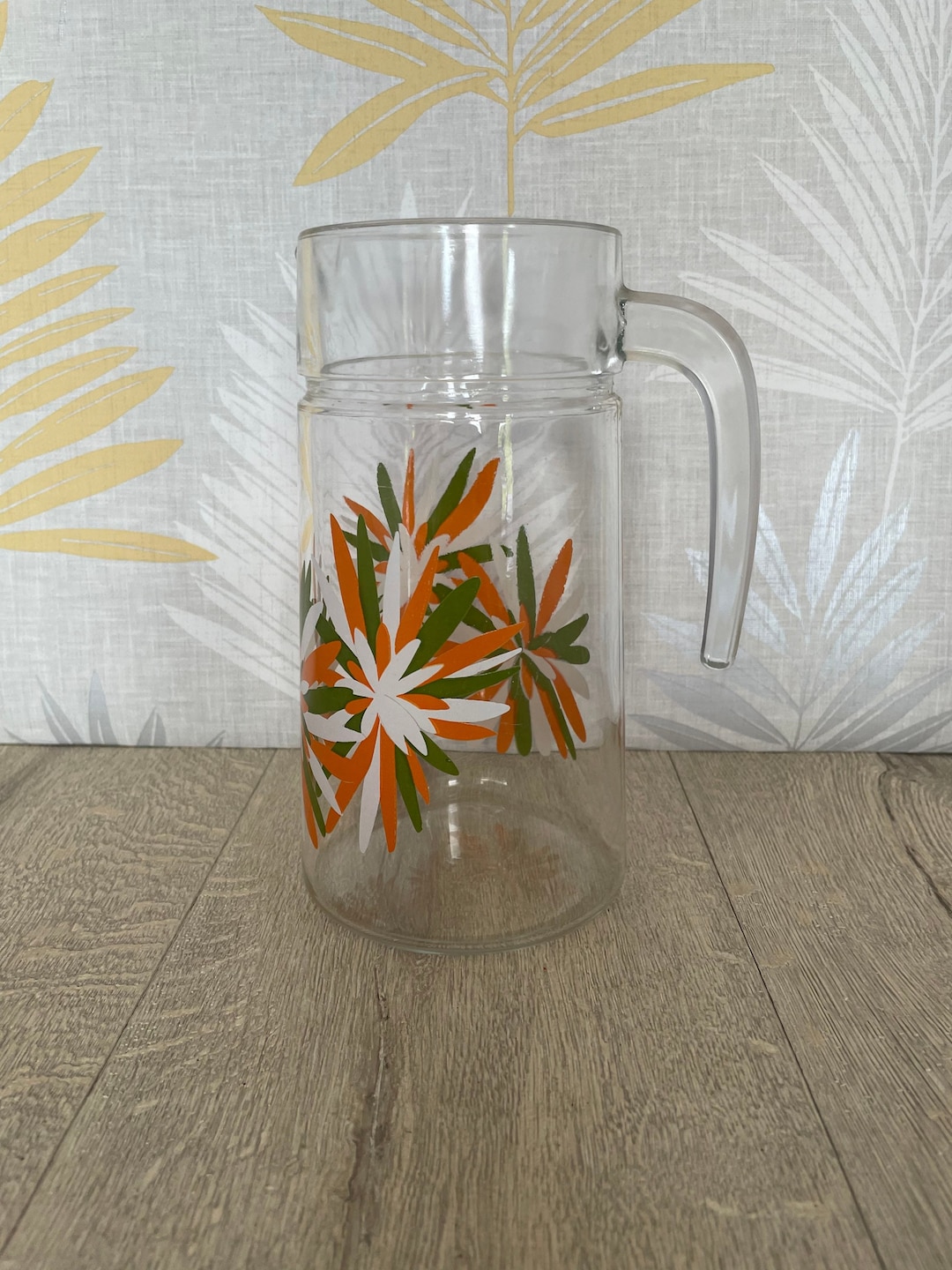 Large Juice Jug With Flower Pattern Retro Glass Water Pitcher Vintage ...