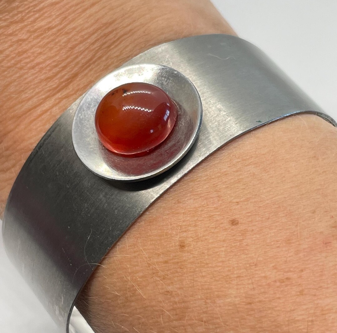 Minimalist Stainless Steel Cuff Bangle With Orange Red Stone Detail - Etsy