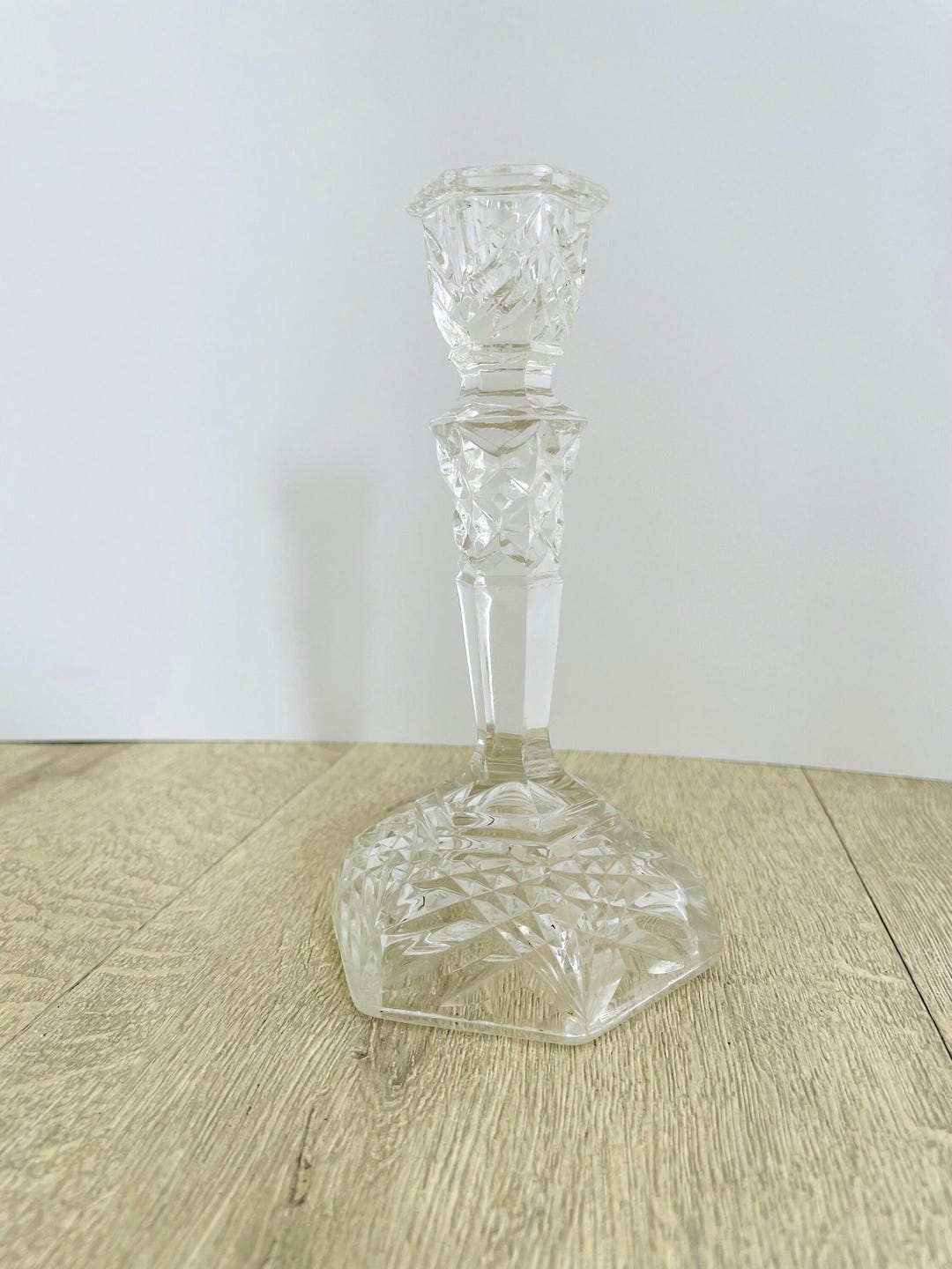 Single Tall Clear Glass Hexagonal Candlestick - Vintage Dressing Table ...