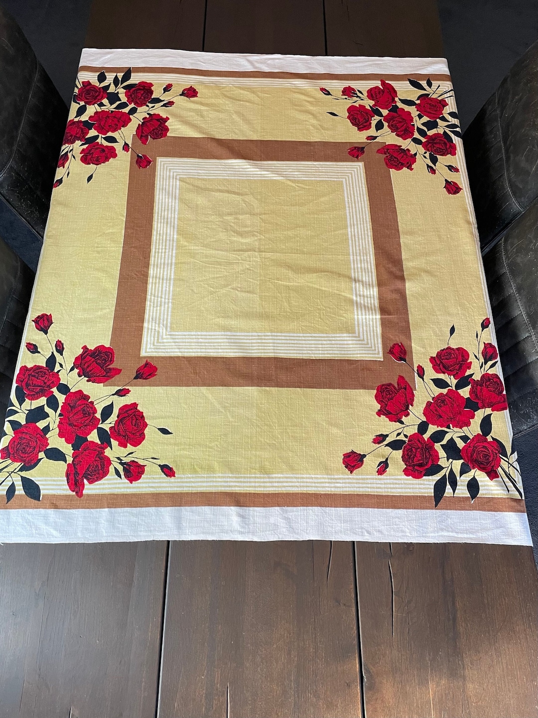 Yellow and Red Rose Mid Century Era Vintage Tablecloth in a Bark Cloth ...