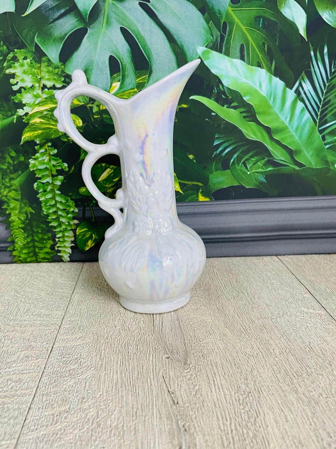 White Lustreware Jug Shaped Bud Vase - Vintage Ceramic Vase With ...