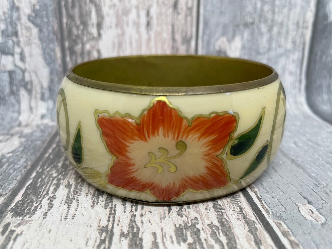 Wide Brass Lily Bangle Metal With Flower Pattern Bangle - Etsy