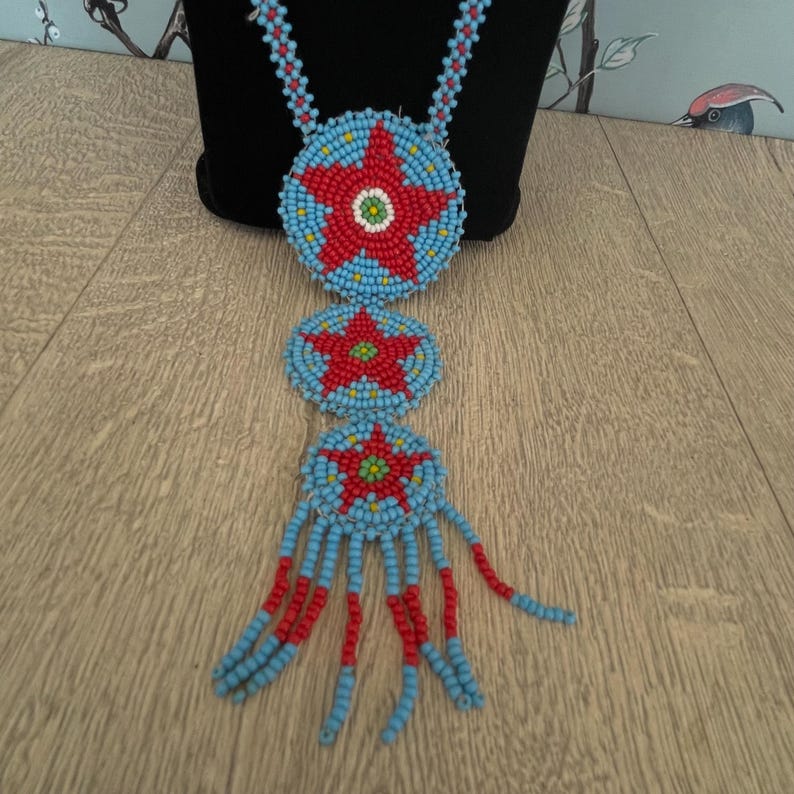 Hand Beaded Native American Necklace – Turquoise & Red Flower With ...
