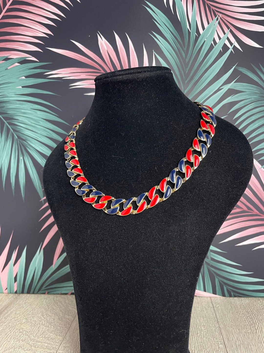 Enamelled Curb Style Chain Gold Navy and Red Eighties Aesthetic Vintage ...